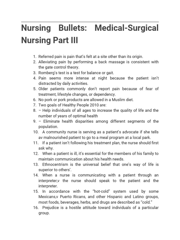 Medical Surgical Nursing 3 Bullets | PDF | Breathing | Pain