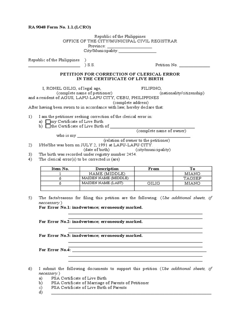 RA 9048 Form - Correction of Entry (Gilig) | PDF | Common Law | Public Law