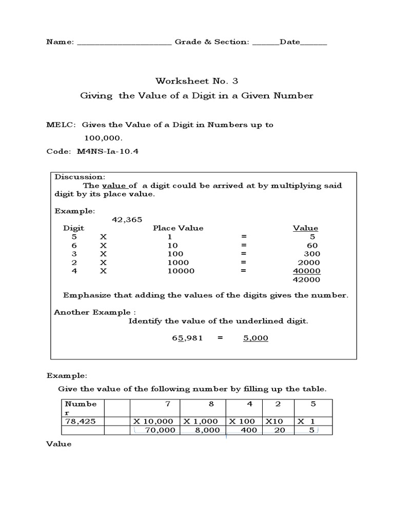 Worksheet No. 3 Giving The Value of A Digit in A Given Number | PDF ...