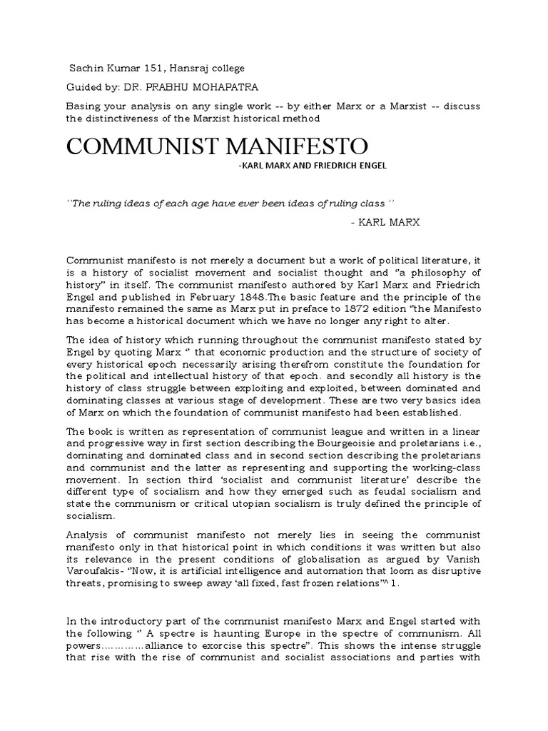 Communist Manifesto: Sachin Kumar 151, Hansraj College | PDF ...