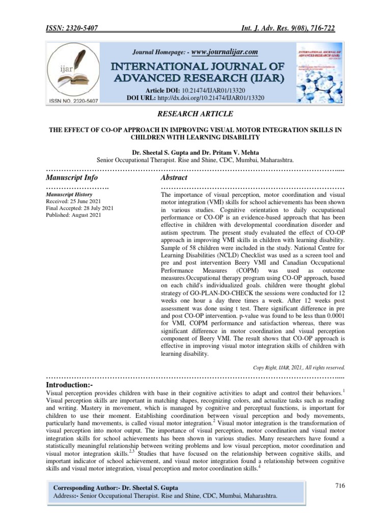 The Effect of Co-Op Approach in Improving Visual Motor Integration ...