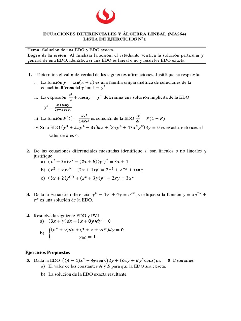 Lista de Ejercicios 1 - Solución de Una Edo y Edo Exacta | PDF ...