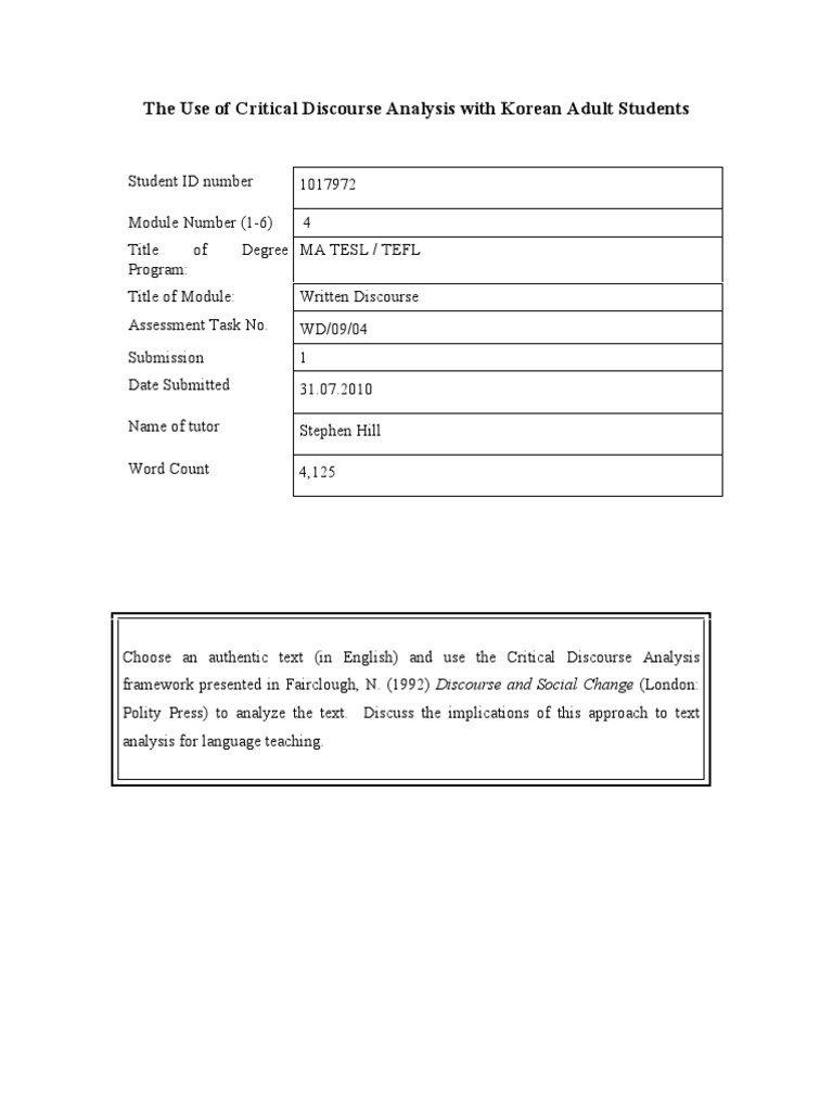 The Use of Critical Discourse Analysis With Korean Adult Students | PDF ...