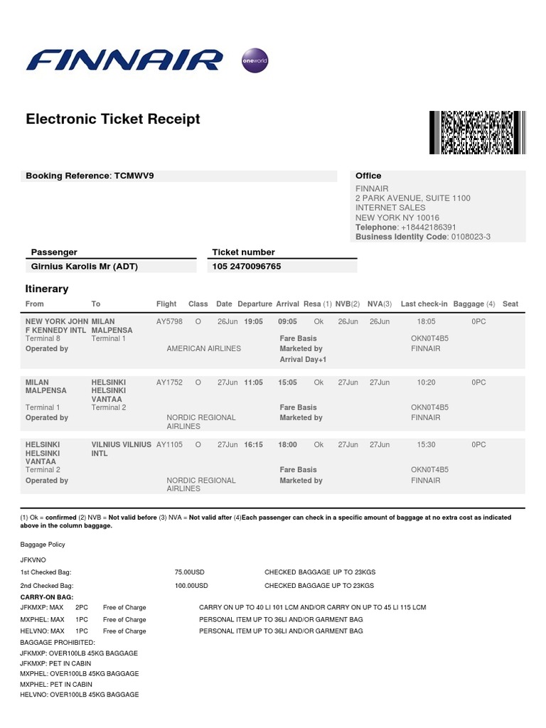 Finnair Electronic Ticket Receipt | PDF | Baggage | Aviation