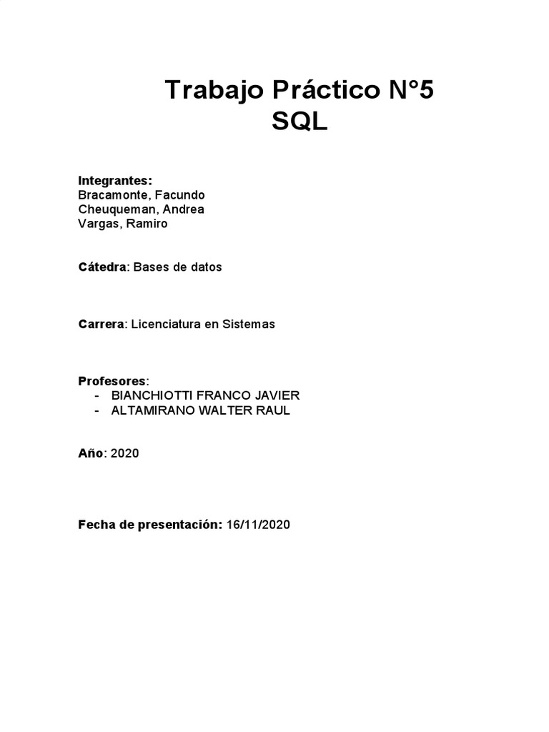 2020 TP5 SQL BracamonteFacundo | PDF | SQL | Software de la aplicacion
