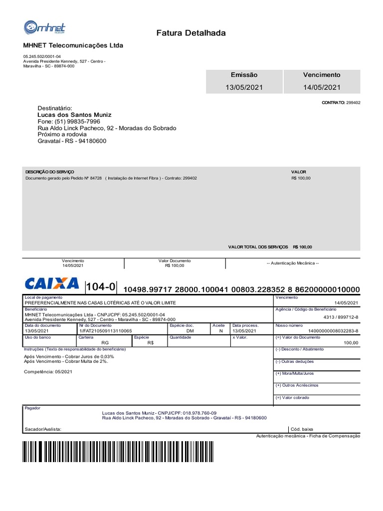 Fatura Detalhada Fatura Detalhada: MHNET Telecomunicações Ltda MHNET ...