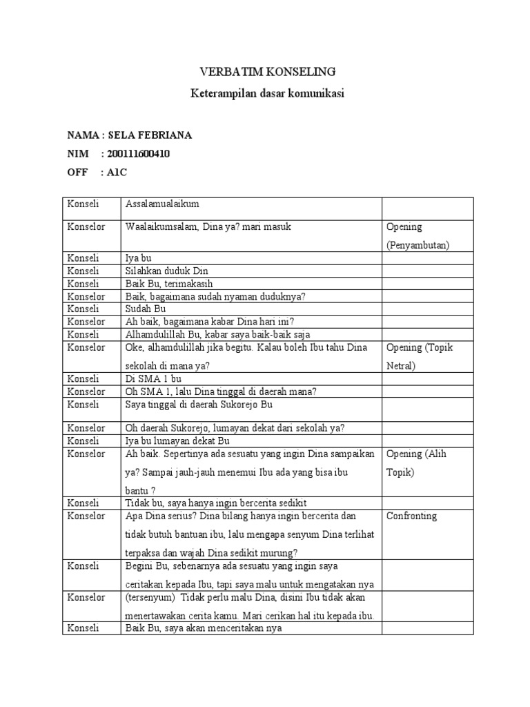 Verbatim - Konseling KDK Sela Febriana 200111600410 | PDF | Pengembangan Diri