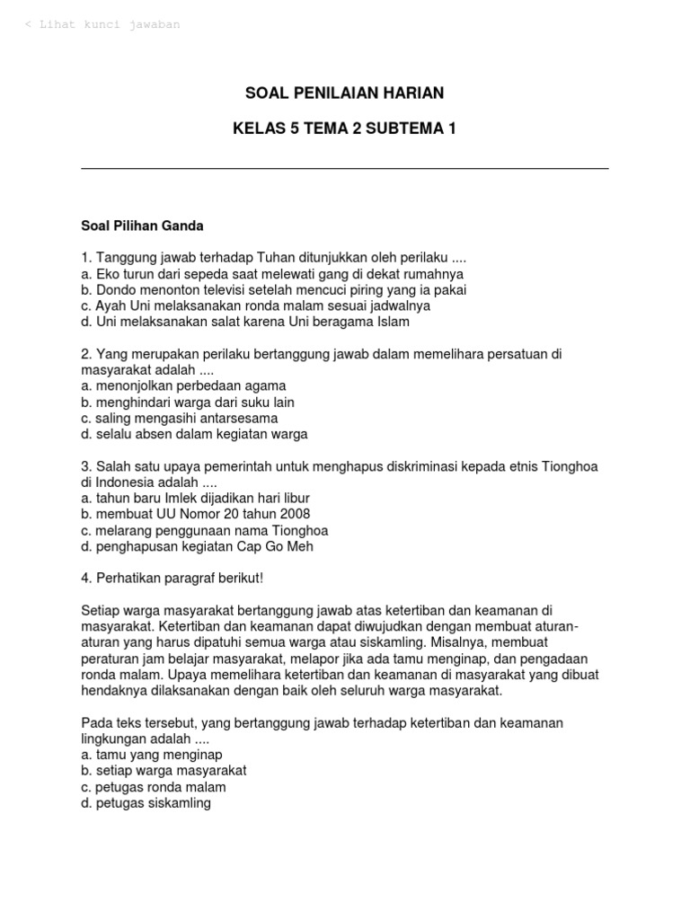 Soal Penilaian Harian Kelas 5 Tema 2 Subtema 1 | PDF
