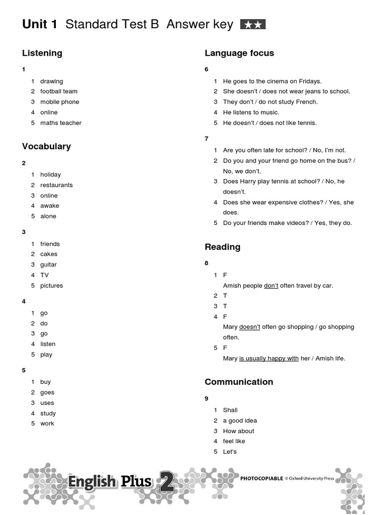 Unit 1 Standard Test B Answers | PDF