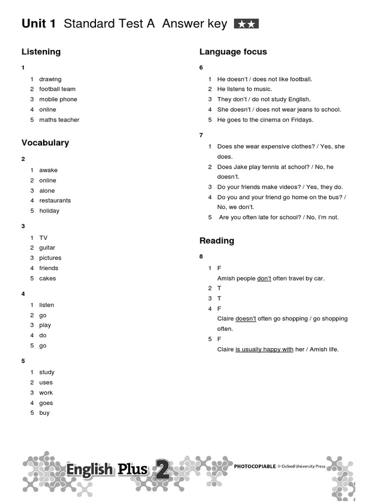 Unit 1 Standard Test A Answers | PDF