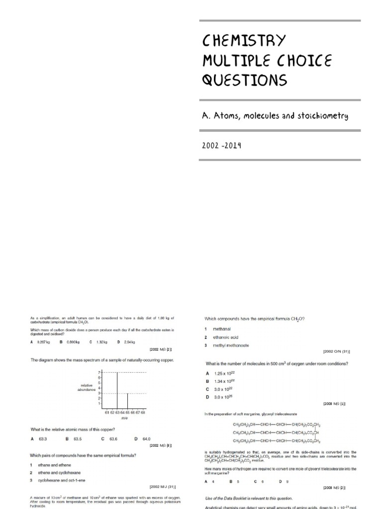 Chemistry Multiple Choice Questions: A. Atoms, Molecules and ...