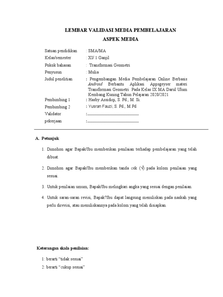 Lembar Validasi Media Pembelajaran | PDF