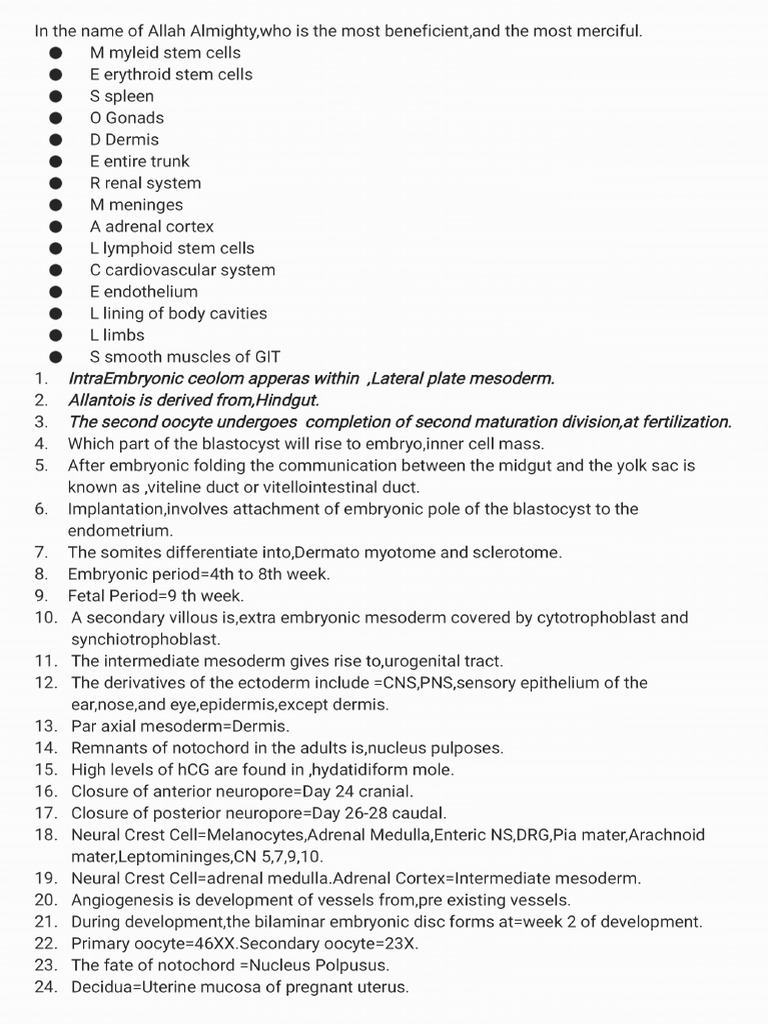 Embryology - UHS Paper MCQS | PDF