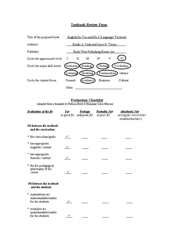 Sample Textbook Evaluation Form | PDF | Curriculum | Textbook