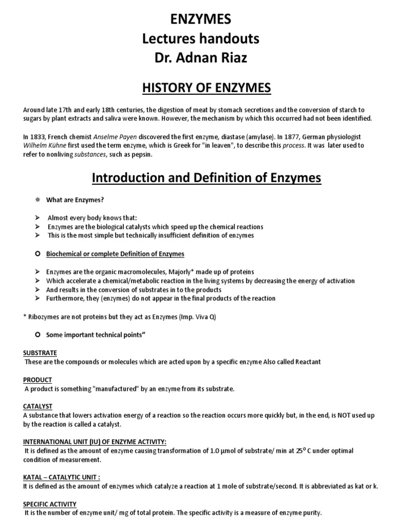 Lecture Handout Enzymes Complete | PDF | Enzyme | Active Site