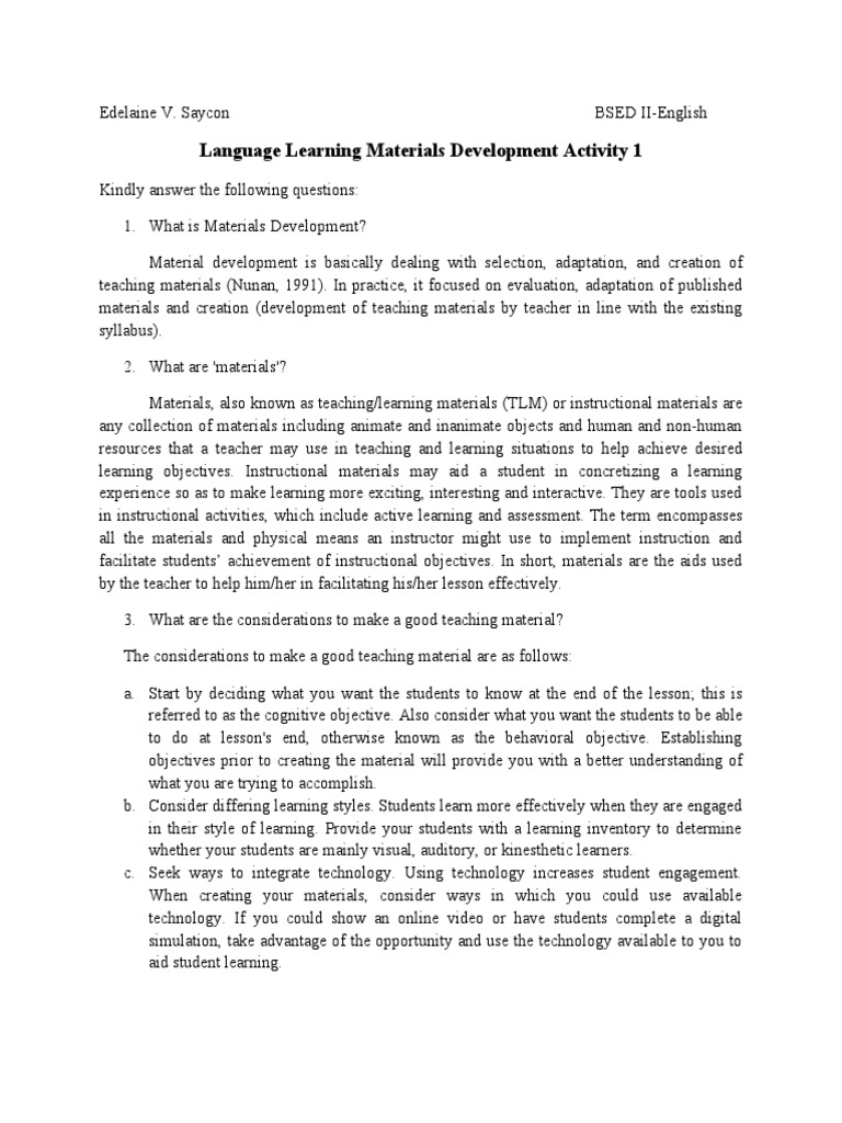 Language Learning Materials Development Activity 1 | PDF | Learning ...