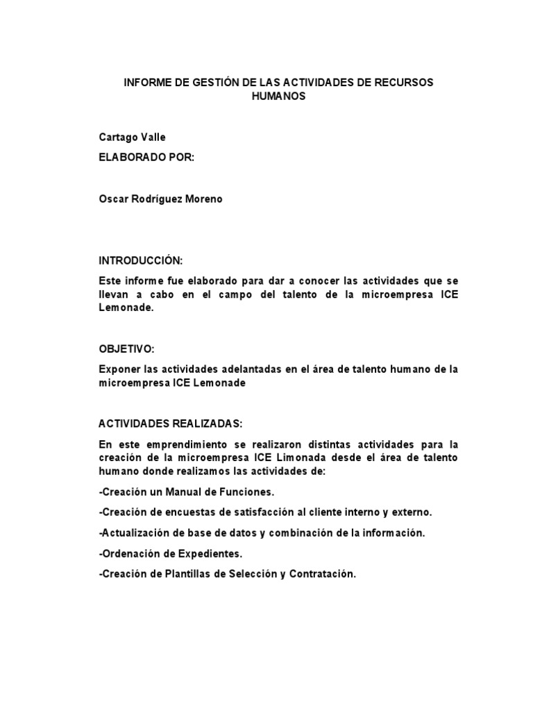 Informe de Gestión de Las Actividades de Recursos Humanos | PDF