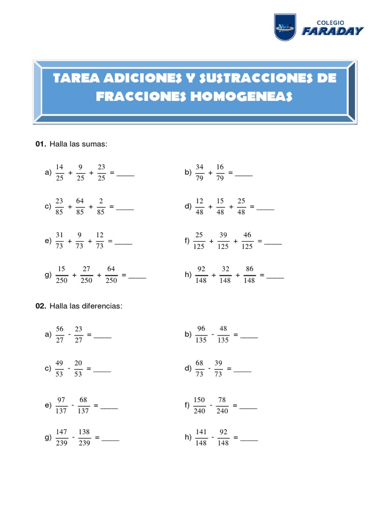 TAREA Suma y Resta de Fracciones Homogeneas | PDF
