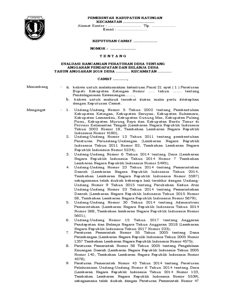 Contoh SK Evaluasi APBDesa Oleh Camat | PDF