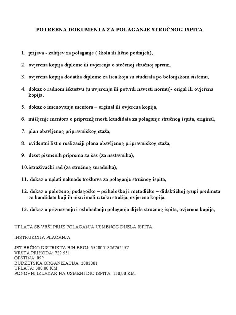 Potrebna Dokumenta Za Prijavu Stručnog Ispita | PDF