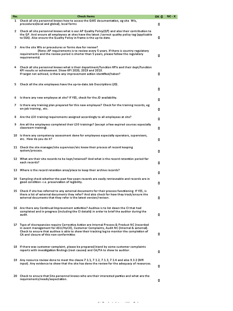 Pre-Audit Checklist - Cal-Maint Cikarang | PDF | Calibration | Audit