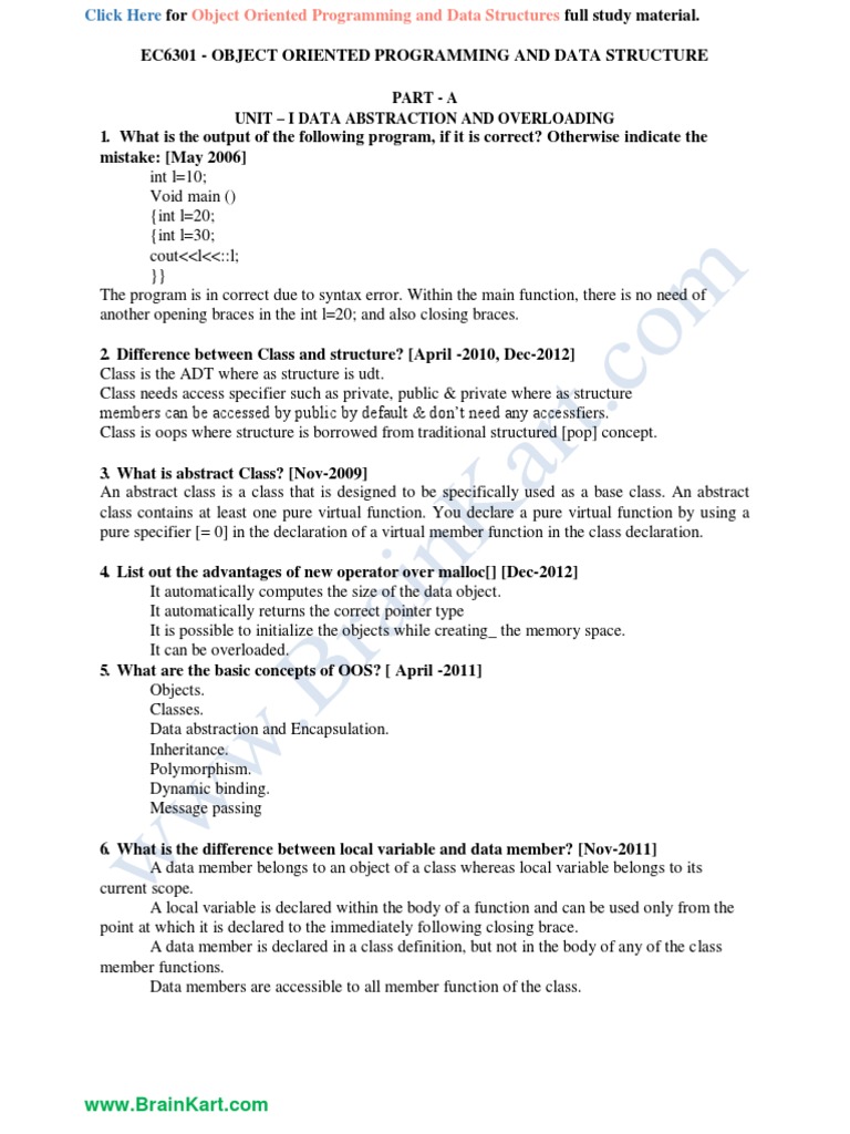 165 Ec6301 Object Oriented Programming And Data Structures Important Question Pdf Class