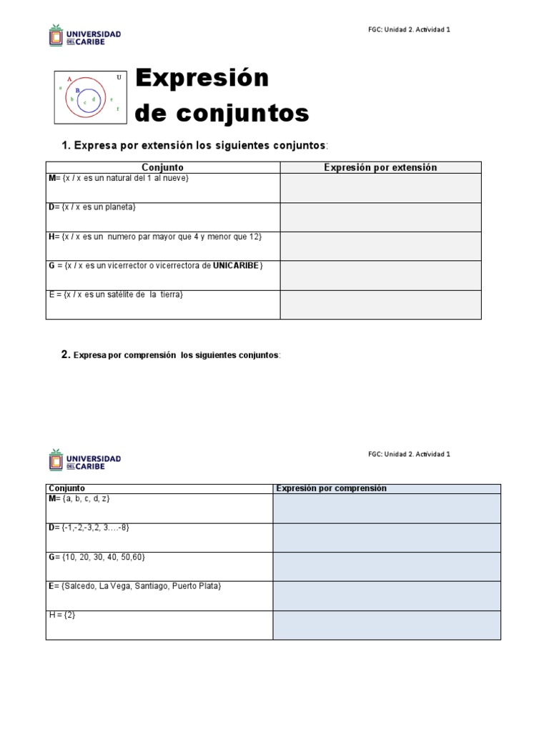 Unidad 2. Actividad 1. Expresiones de Conjuntos | PDF