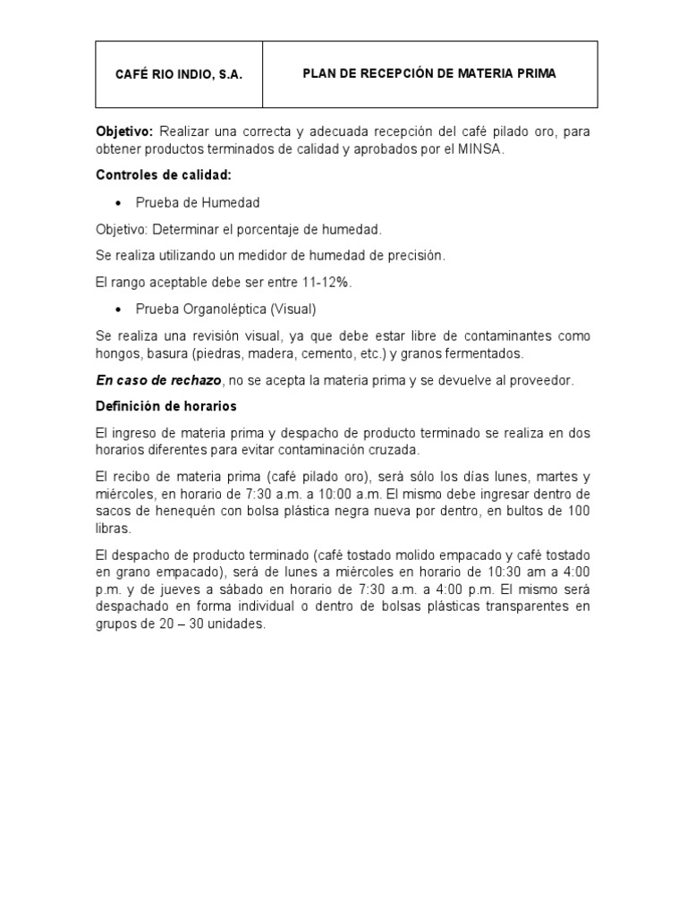 Plan de Recepción de Café Pilado Oro | PDF | café
