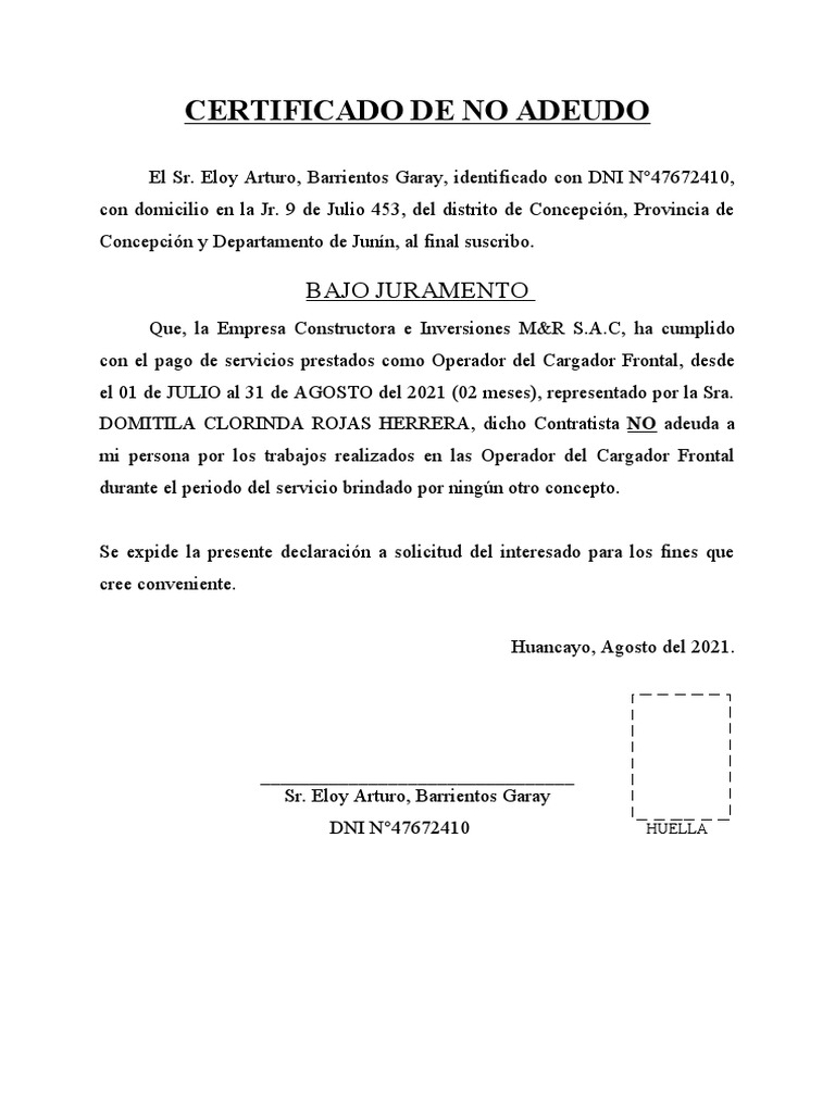 Certificado de NO Adeudo de Los Trabajadores | PDF
