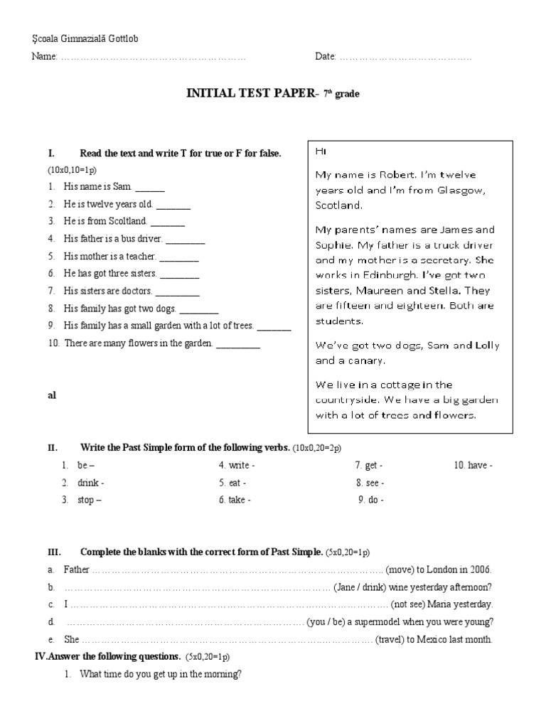 Initial Test Paper - 7th Grade | PDF | Languages | Foreign Language Studies
