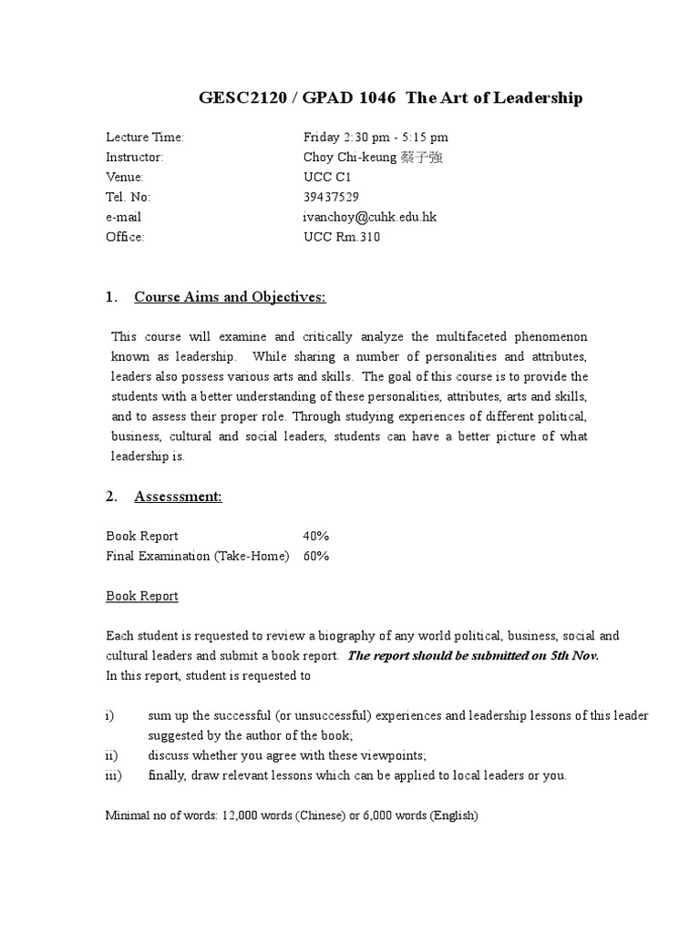 The Art of Leadership Outline 2021A | PDF | Leadership | Pedagogy