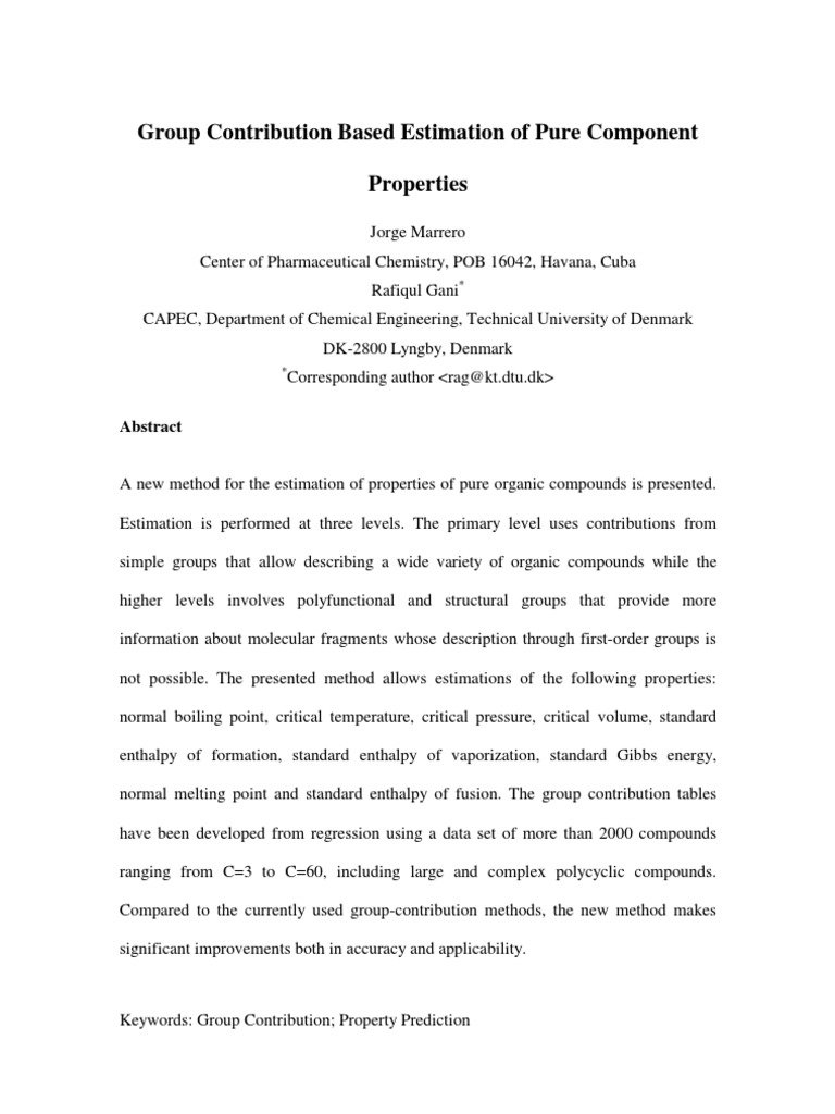 Group Contribution Based Estimation of Pure Component Properties | PDF ...