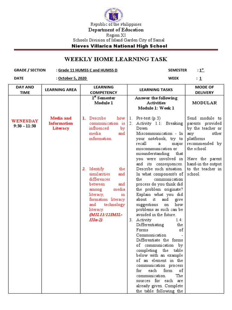 Weekly Home Learning Plan MIL | PDF | Learning | Literacy