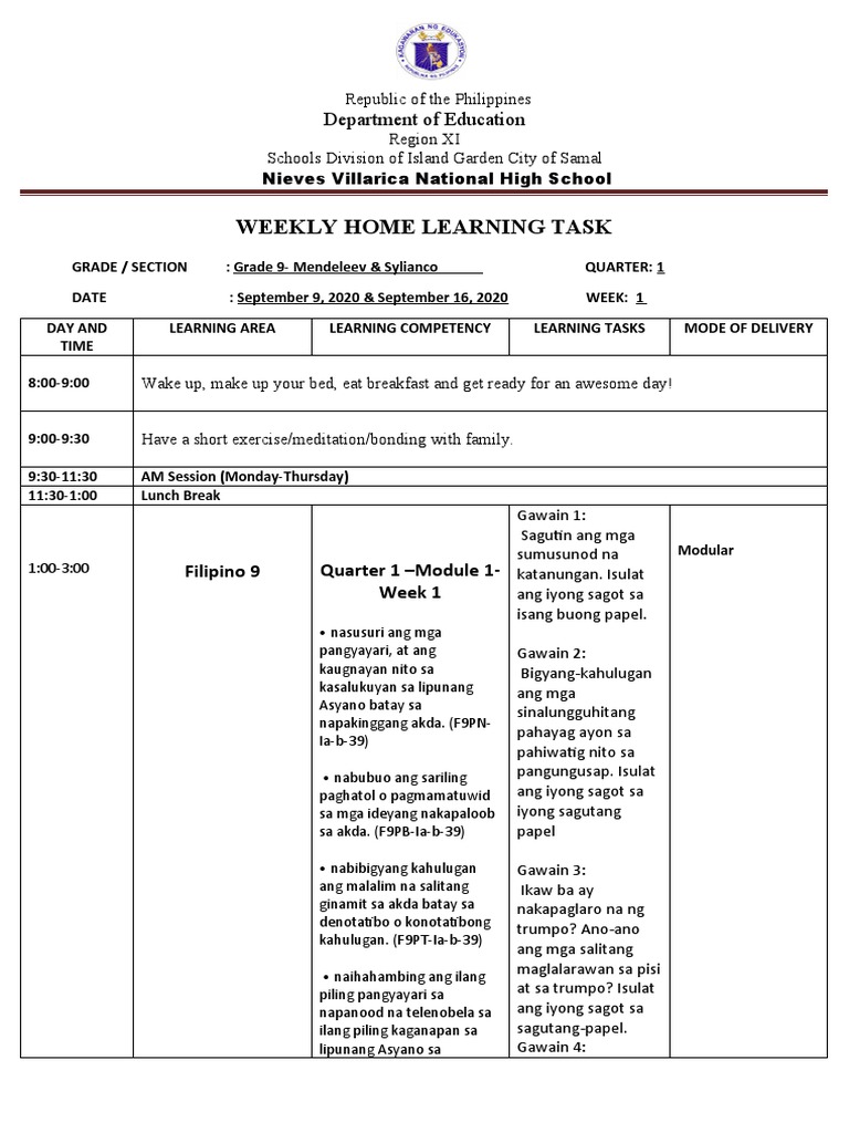 WEEKLY Home Learning Plan M1 Filipino 9 | PDF