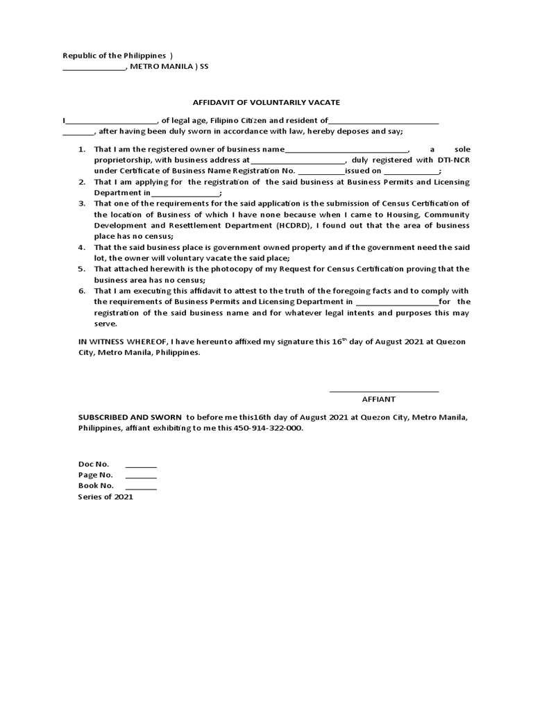 Affidavit of Voluntarily Vacate | PDF