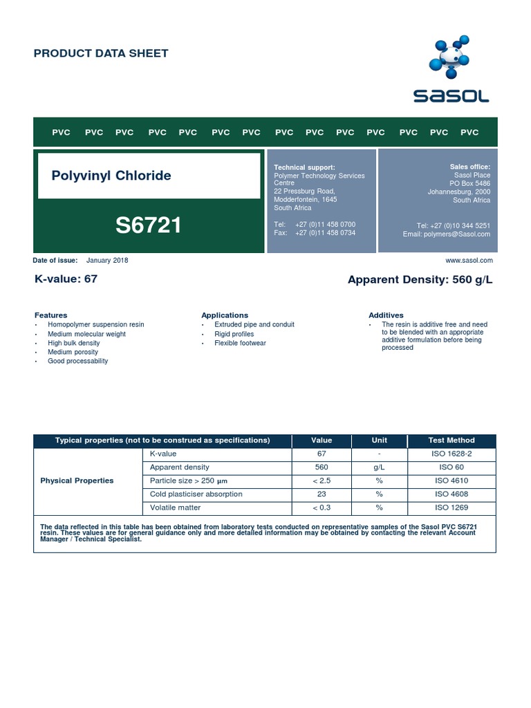 PVC S6721 Product Data Sheet | PDF | Polyvinyl Chloride | Chemistry