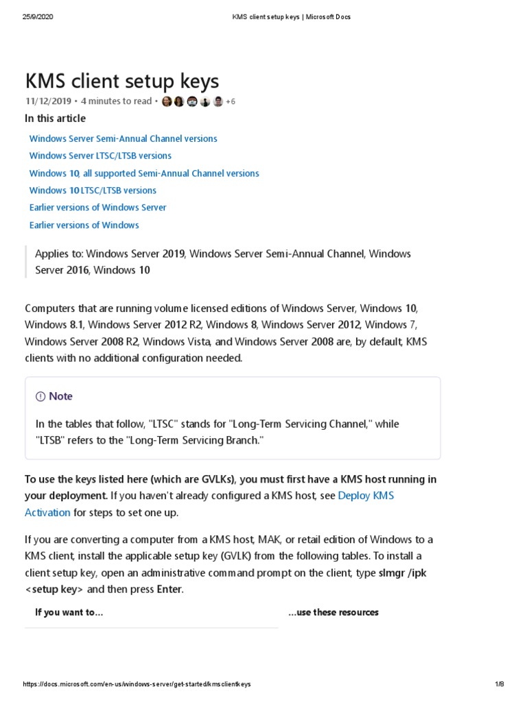 KMS Client Setup Keys - Microsoft Docs | Download Free PDF | Microsoft ...