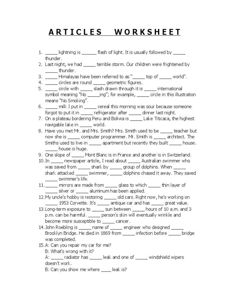 Articles Worksheet | PDF