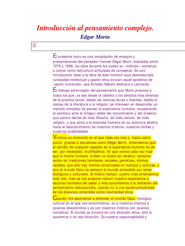 Morin, E. 1995. Introducción Al Pensamiento Complejo | PDF | Complejidad | Conocimiento