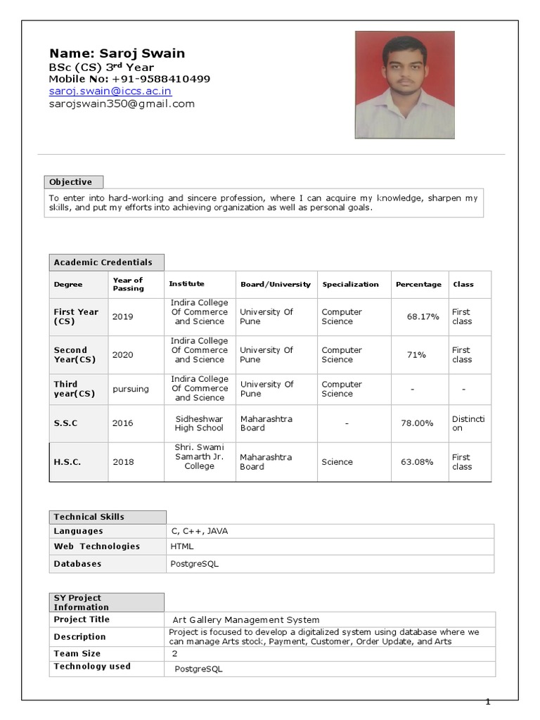 BSc CS Student Resume - Saroj Swain | PDF | Computing