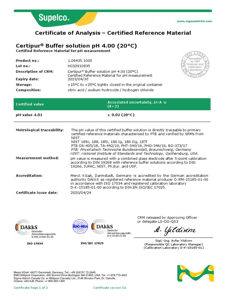 Certificate of Analysis - Certified Reference Material Certipur Buffer Solution PH 4.00 (20°C ...