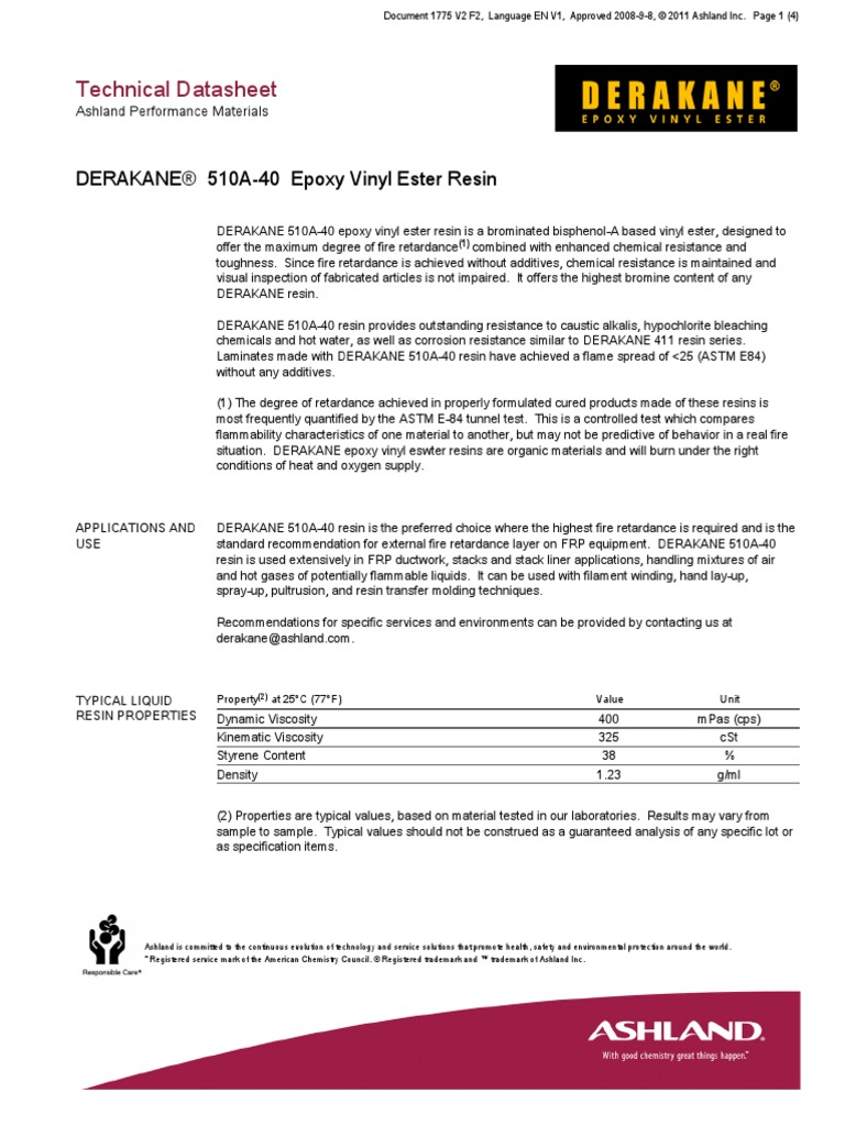 Technical Datasheet: DERAKANE® 510A-40 Epoxy Vinyl Ester Resin | PDF ...