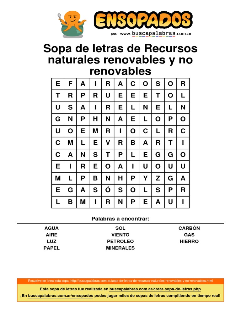 Sopa De Letras De Recursos Naturales Renovables Y No Renovables Pdf