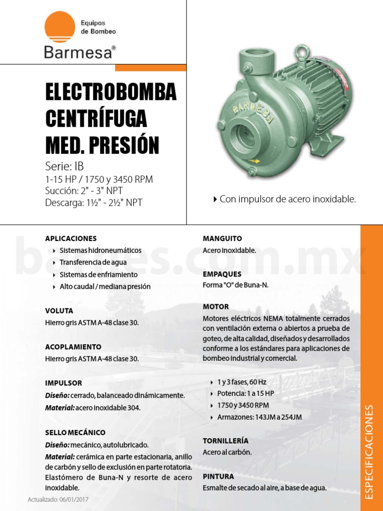 Ficha Tecnica de Bomba Centrifuga de Mediana Presion Serie IB | PDF | Acero | Bienes manufacturados