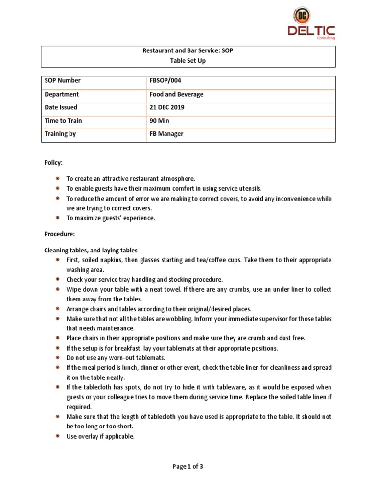 Restaurant and Bar Service: SOP Table Set Up | PDF | Tableware | Food ...