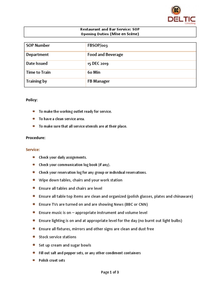Mise en Scène SOP Number FBSOP/003 Department Food and Beverage Date ...