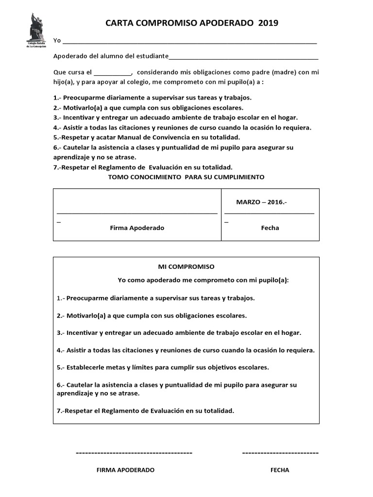 Carta Compromiso Apoderado 2019 | PDF