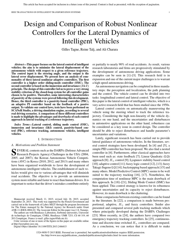 Design and Comparison of Robust Nonlinear Controllers For The Lateral ...