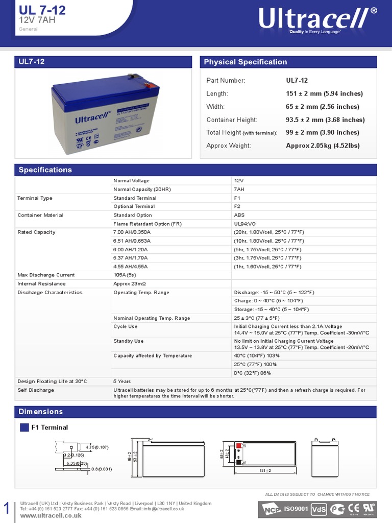 Bateria Ultracell 12V 7A | PDF | Manufactured Goods | Metrology