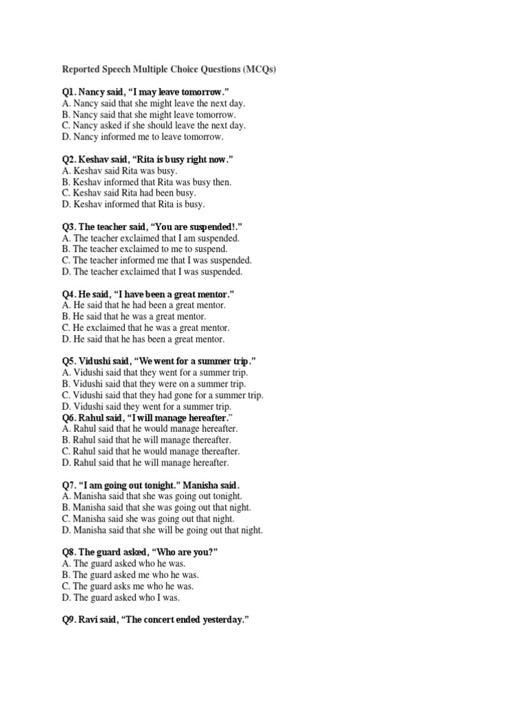 Reported Speech Multiple Choice Questions | PDF